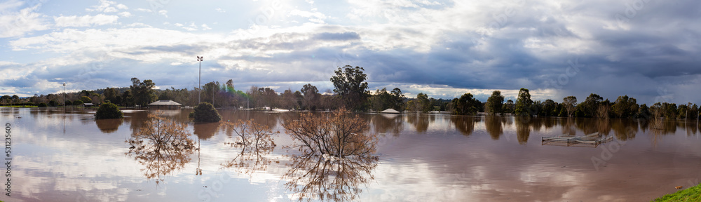 Park and playing field under water during natural disaster flood Stock ...