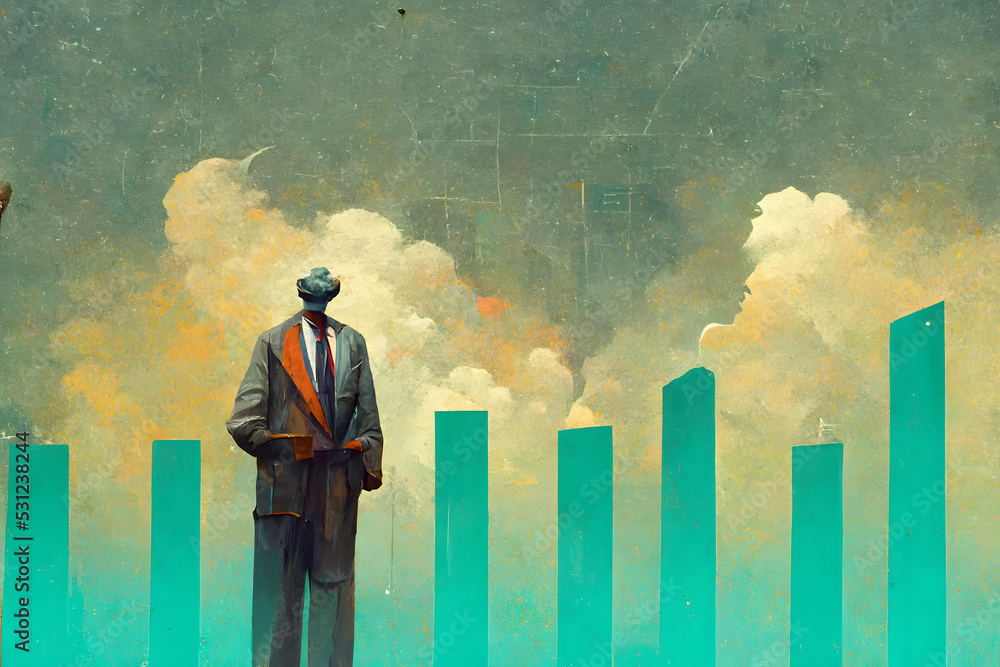 grotesque cartoon business man figure in front of bizarre styled charts ...