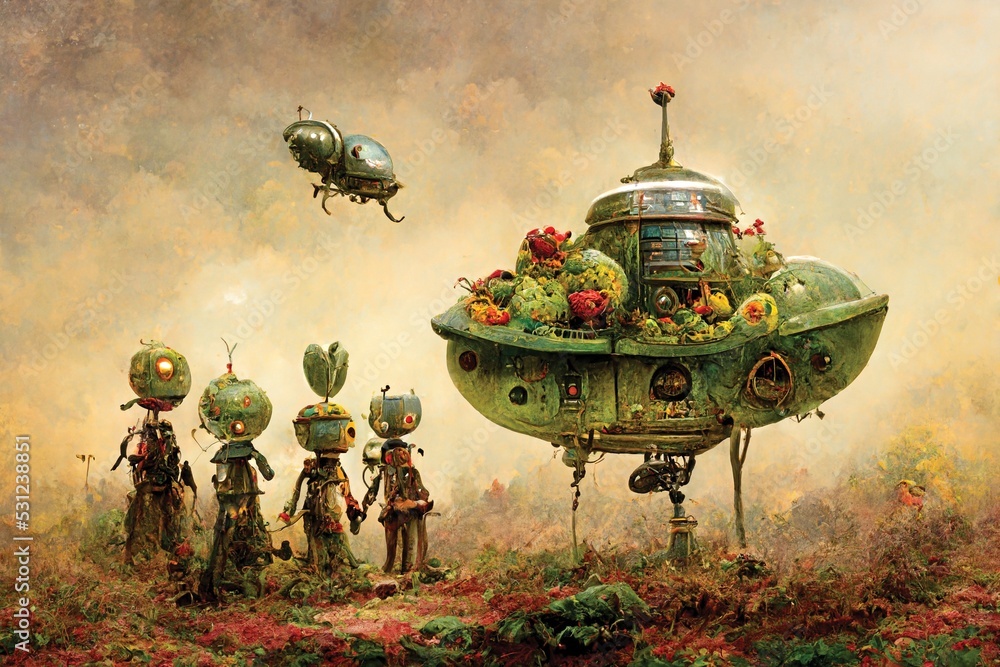Fantasy illustration of aliens with her spaceship at the imaginary ...