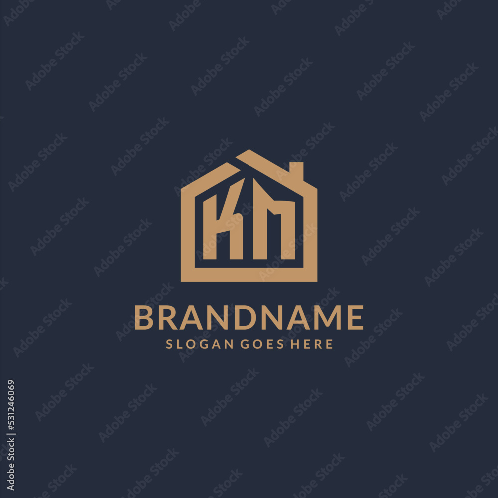 Initial letter KM logo with simple minimalist home shape icon design ...