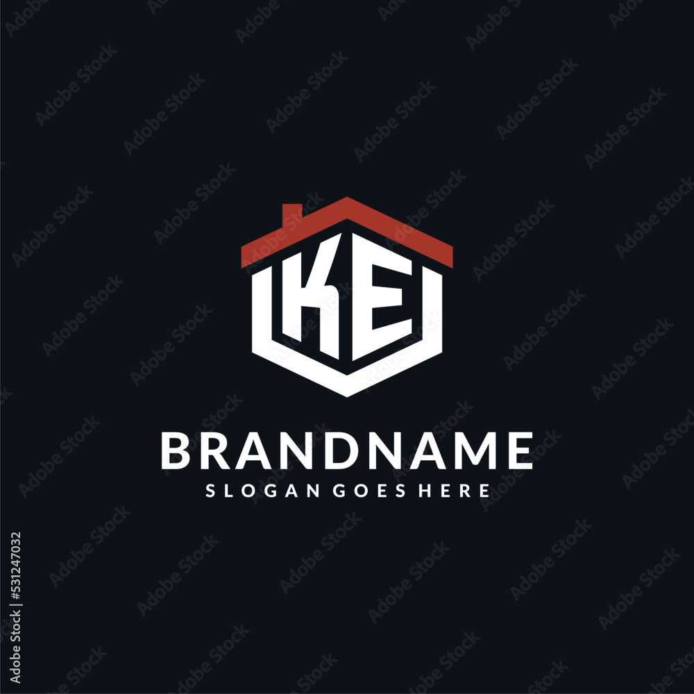 Initial letter KE logo with home roof hexagon shape design ideas Stock ...