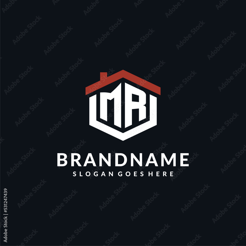Initial letter MR logo with home roof hexagon shape design ideas Stock ...