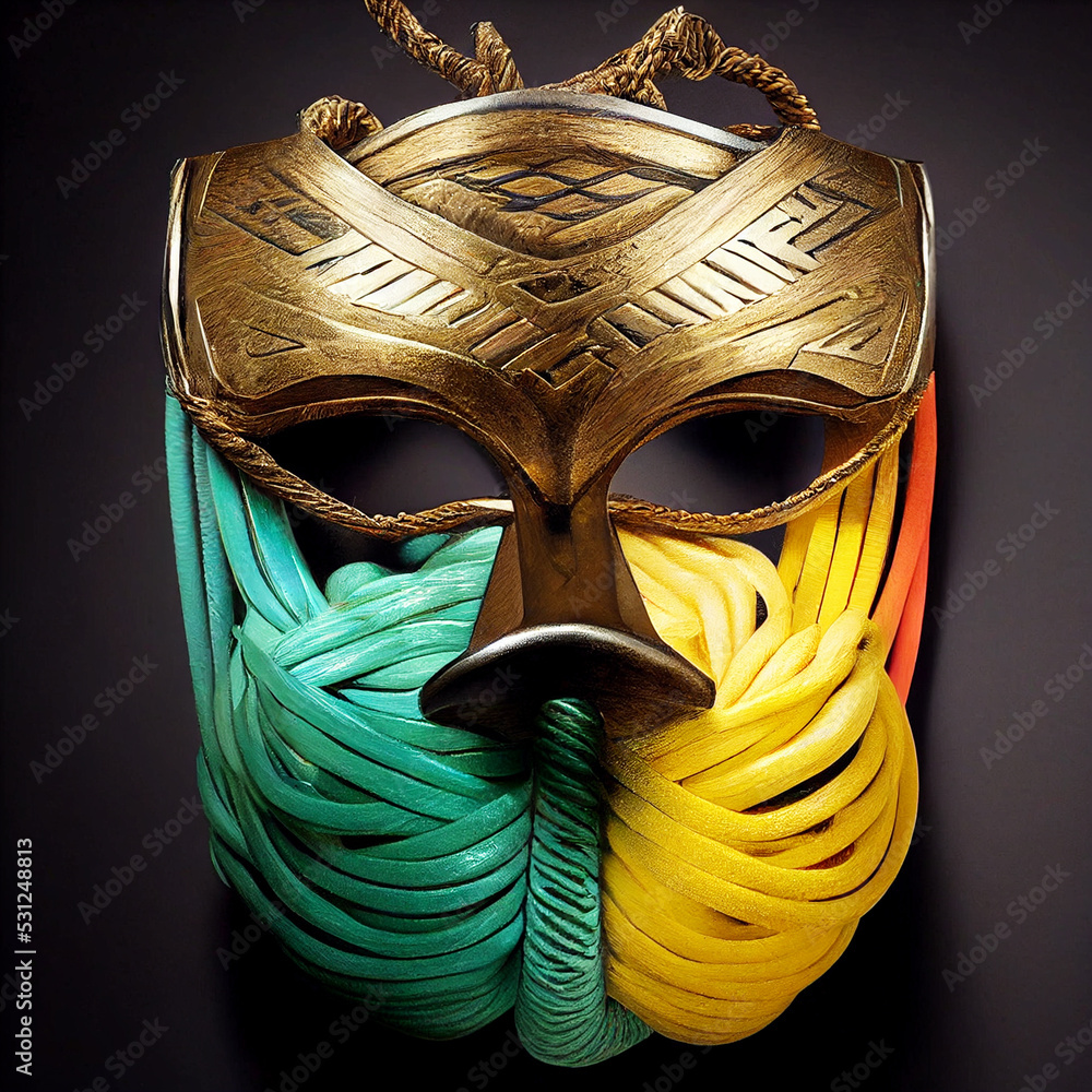 Akuma (Devil) Samurai Mask red and black metal, wood and bone isolated ...