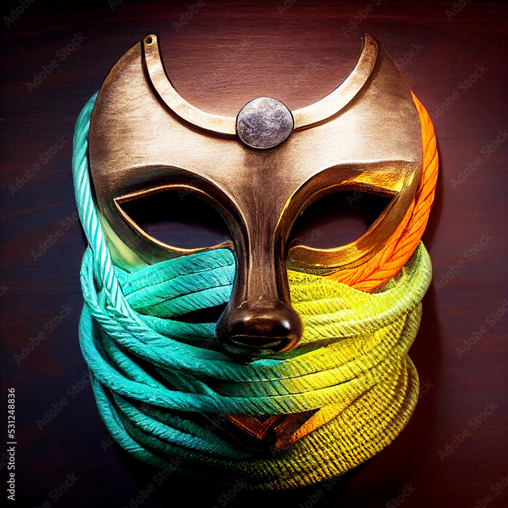 Akuma (Devil) Samurai Mask red and black metal, wood and bone isolated ...