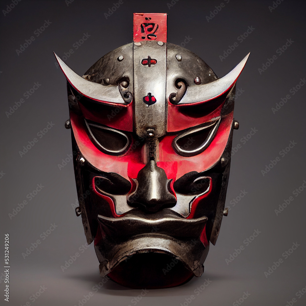 Akuma (Devil) Samurai Mask red and black metal, wood and bone isolated ...