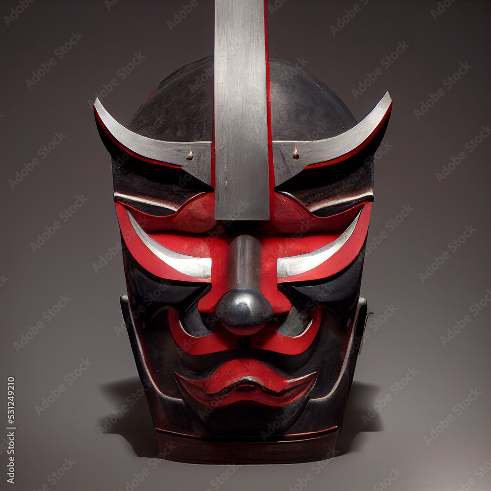 Akuma (Devil) Samurai Mask red and black metal, wood and bone isolated ...