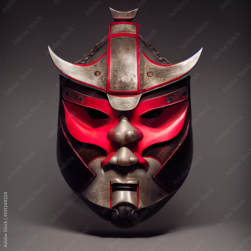 Akuma (Devil) Samurai Mask red and black metal, wood and bone isolated ...