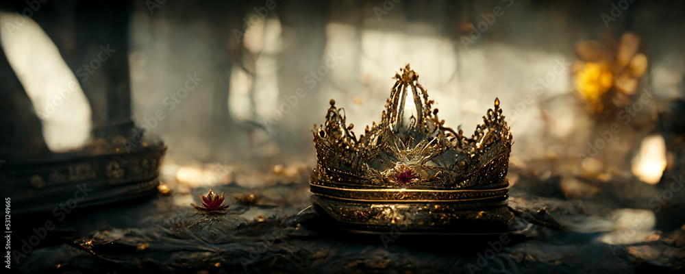 Naklejka Golden royal crown on ground. Fallen queen and king. Epic and ...