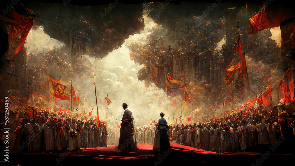 Crowd of people gathering and celebrating coronation.Victorian fantasy ...