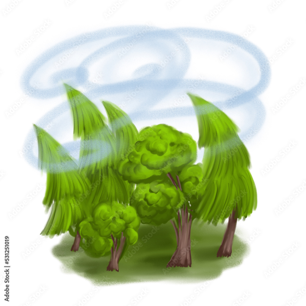 Beautiful forest with fir-tree and grass. Hand drawn illustration with ...