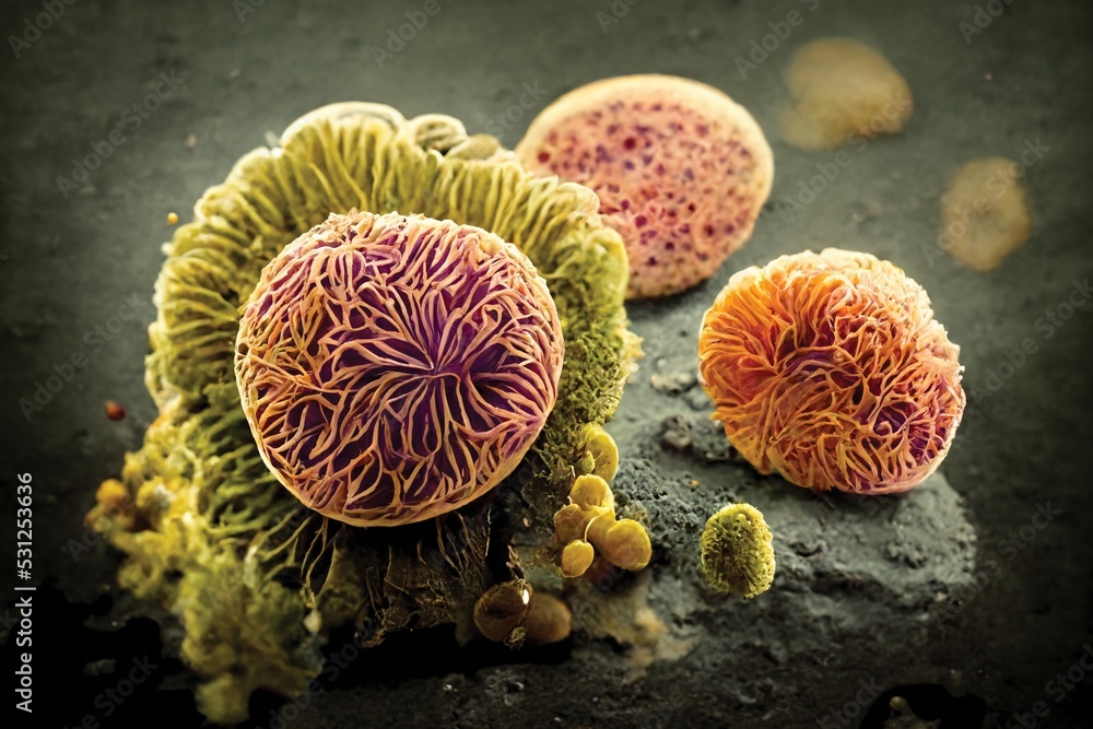 Science fiction illustration of bacteria, viruses and protozoa under ...