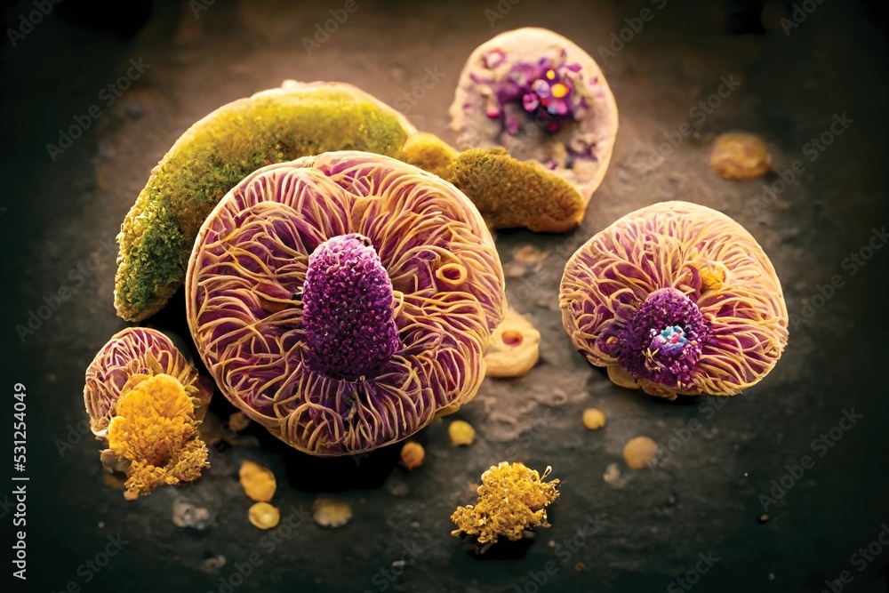 Science fiction illustration of bacteria, viruses and protozoa under ...
