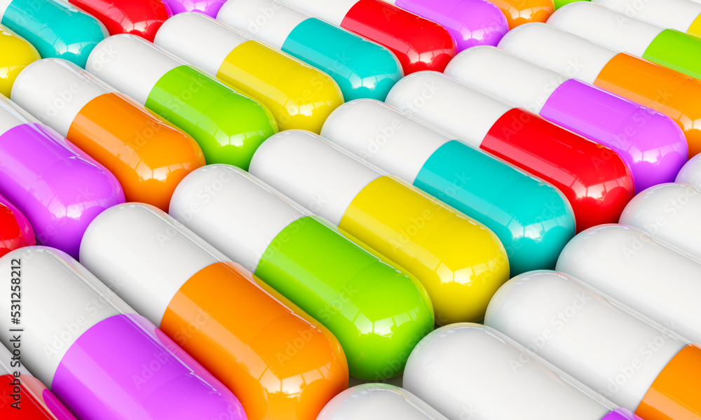 Vitamin Capsules with different colors in line. 3D Rendering Stock ...