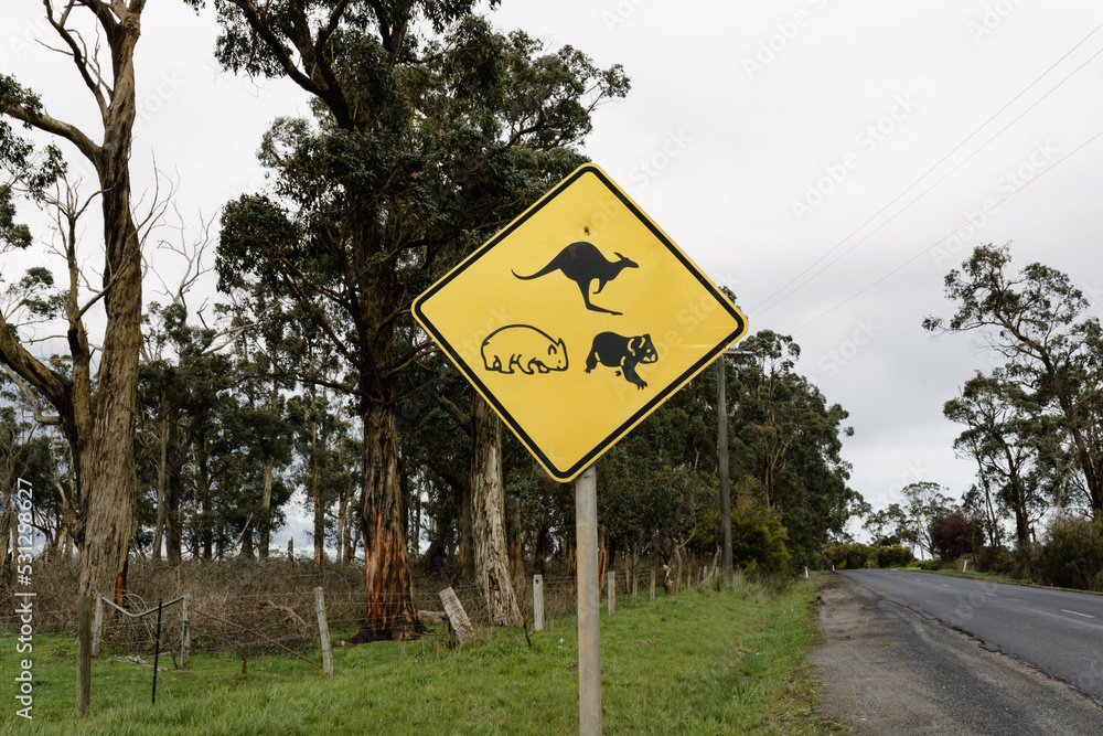 A yellow sign on the side of an Australian road warning traffic of ...