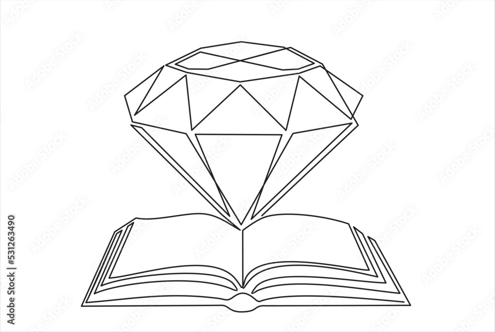 continuous one line drawing of diamond, brilliant and open book ...