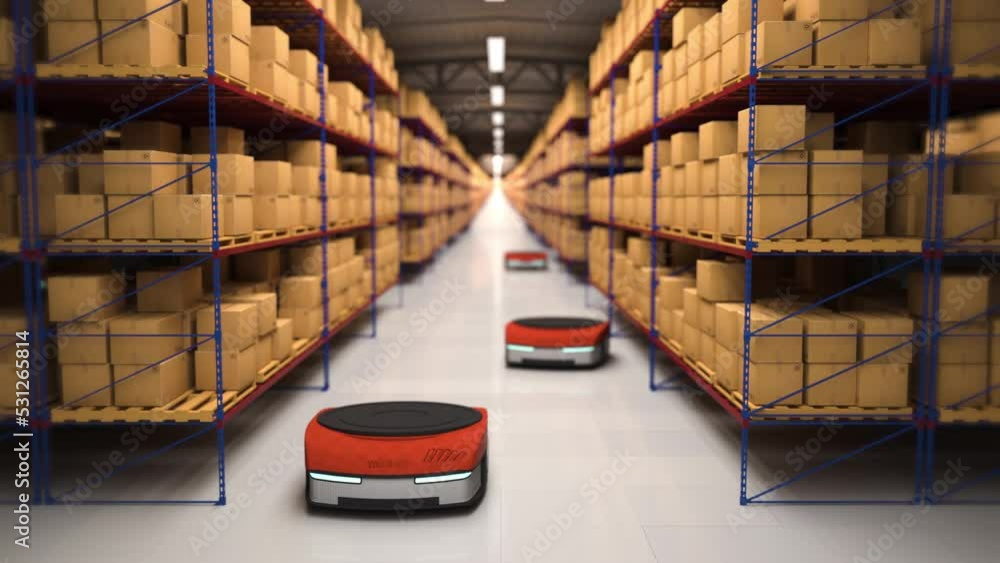 Autonomous robots moving shelves with cardboard boxes in automated warehouse. Seamless looping ...
