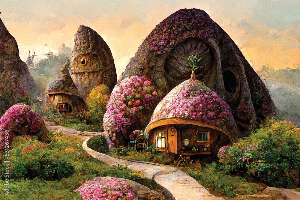 Fairy tale village, hobbit house, children illustration, printable wall ...