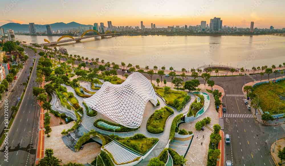 Aerial view of Da Nang Apec sculpture park at sunrise which is a new ...