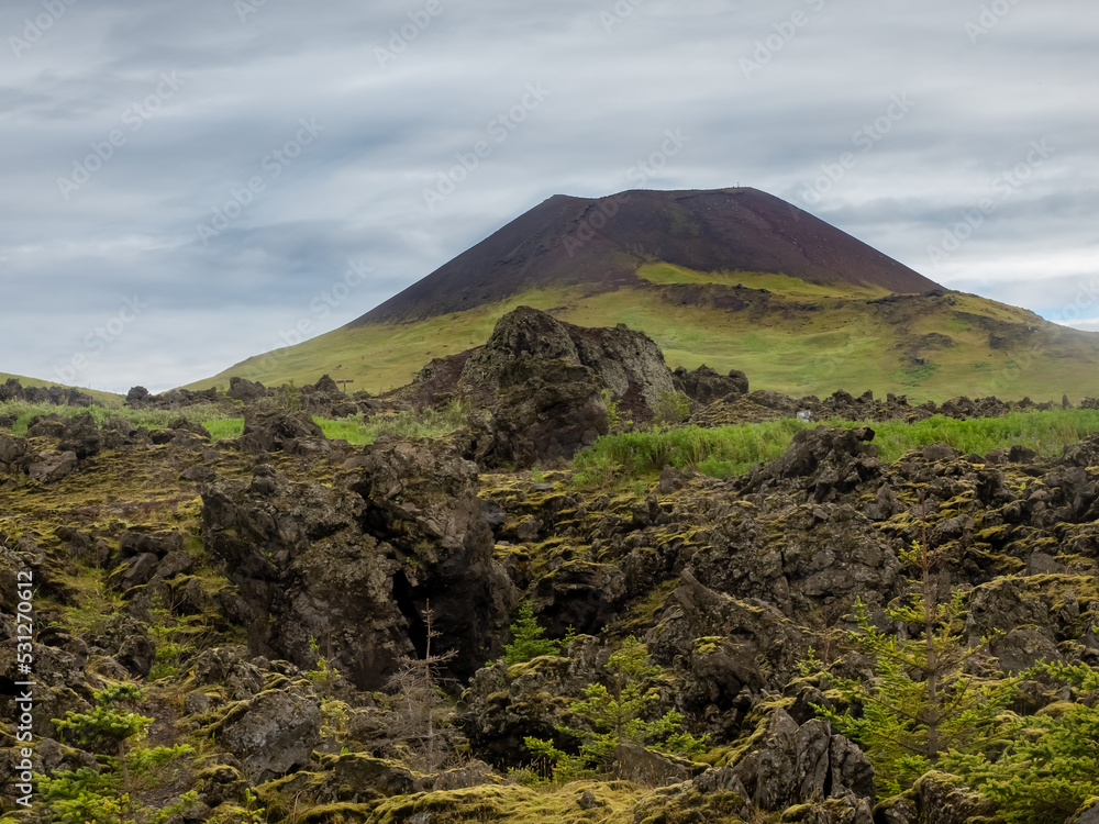 Lava fields in front of the Eldfell volcano, Heimaey, Vestmannaeyjar ...