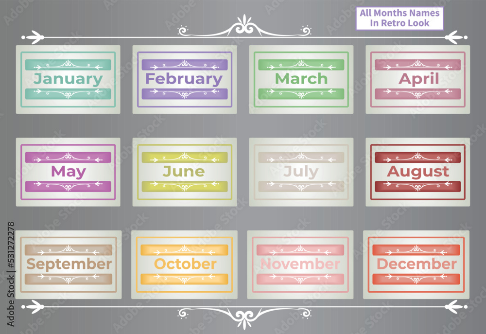 12 Months' names in Decorative Attractive Design with Retro Look Stock ...