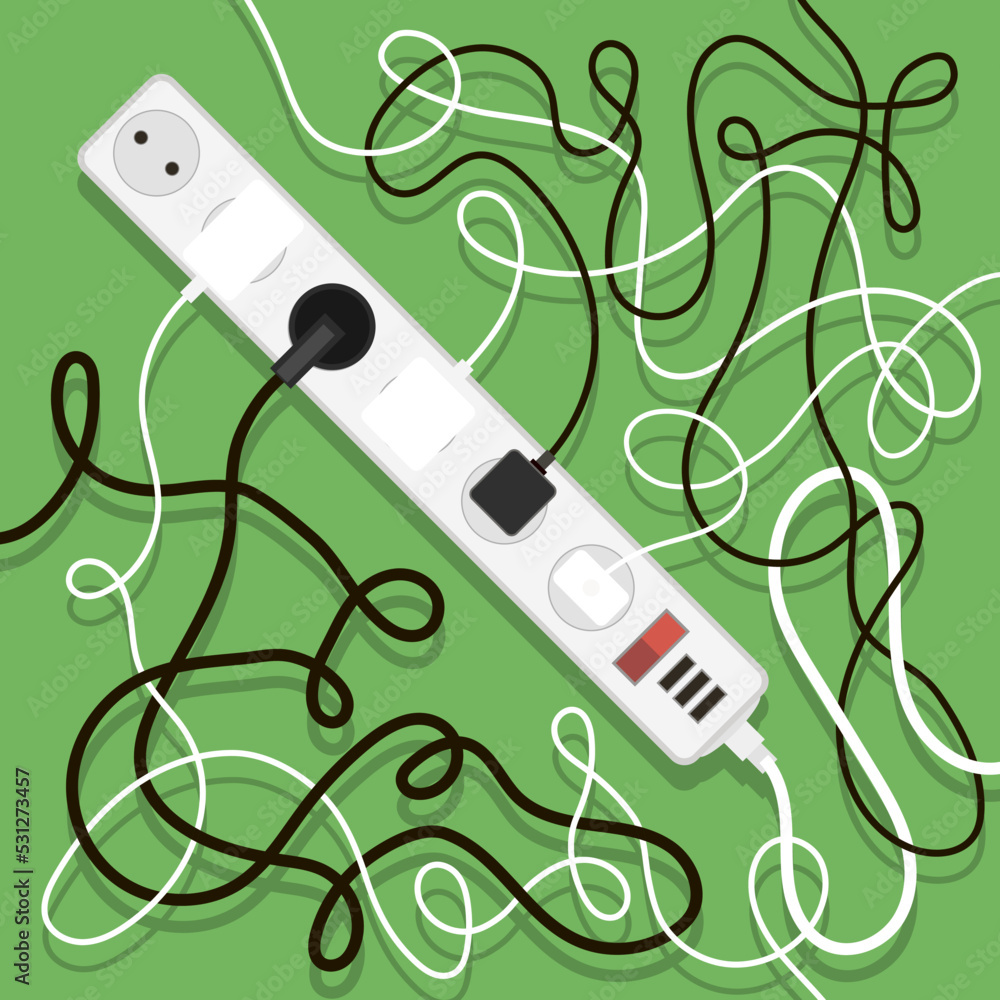 Electrical wires and chargers on green background. A mess of cables ...