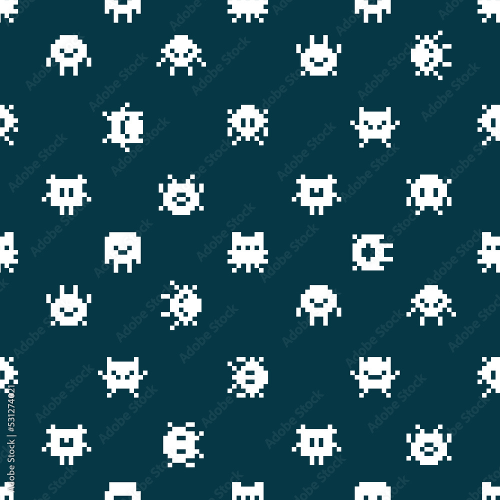 Abstract funny Monsters Pixel Art style pattern. Vintage 8-bit pixel ...
