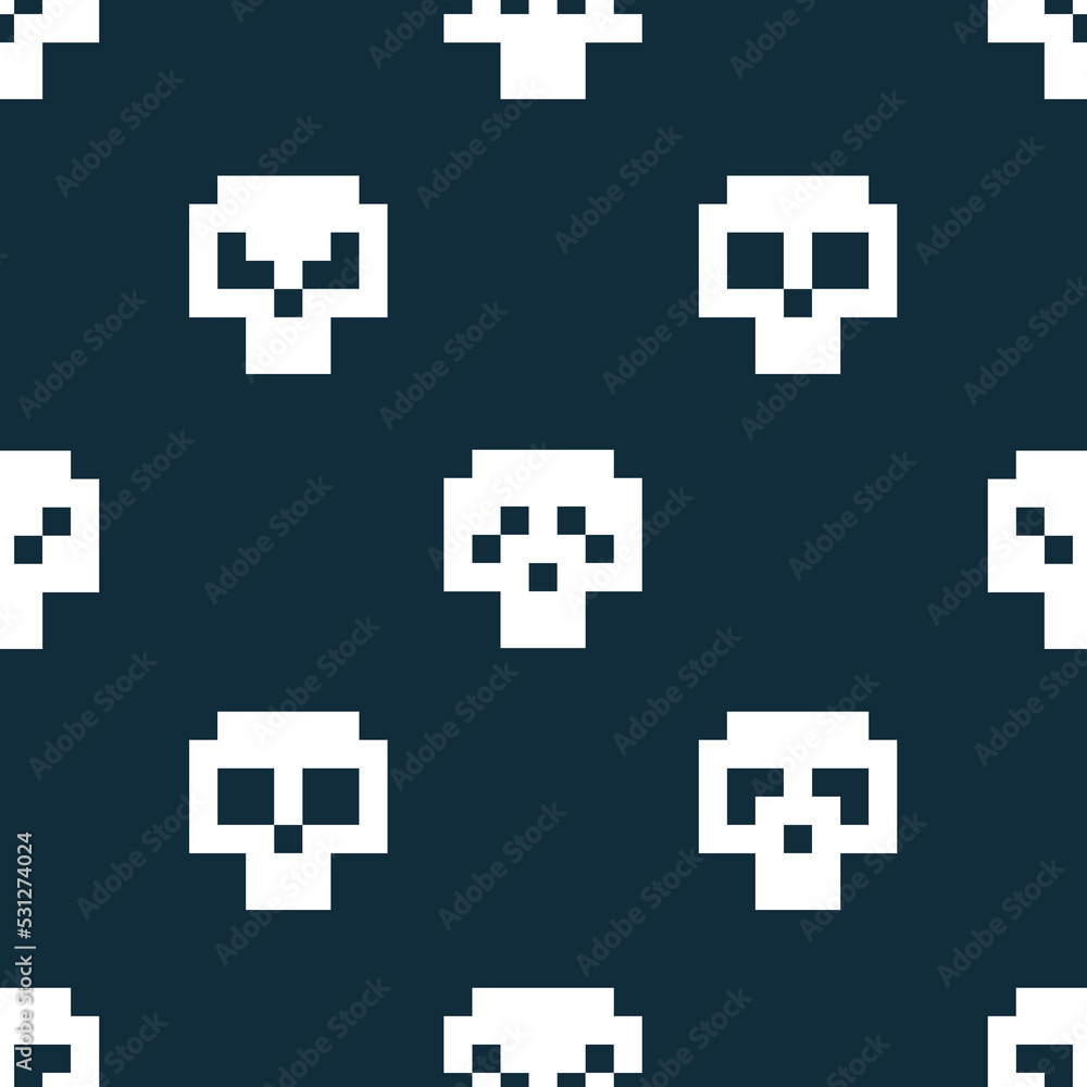 Abstract Skulls Pixel Art seamless pattern. Vintage 8-bit pixel graphics Skulls background ...