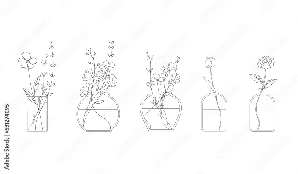 Set of Flowers line drawing vector art in a vase for decoration Stock ...