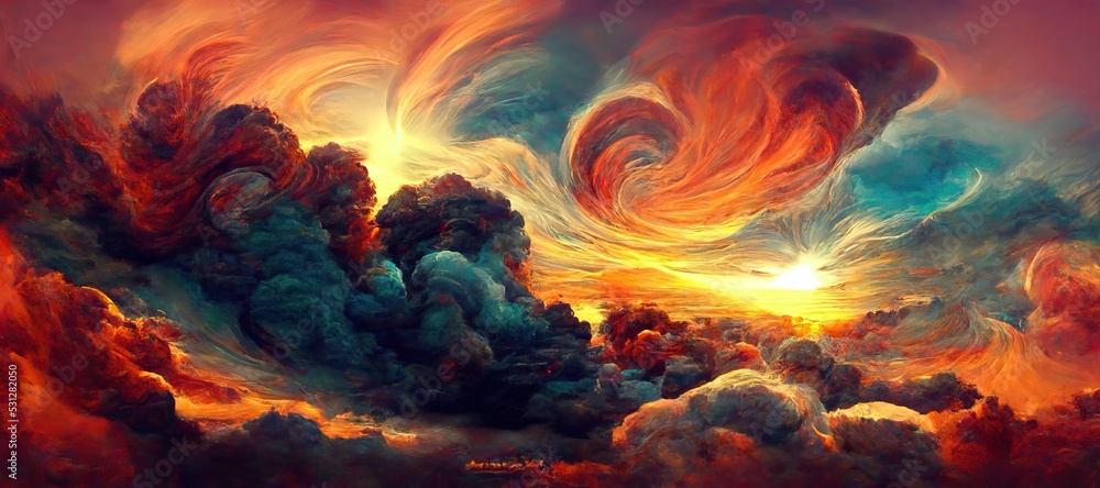 Surreal cloudscape of intense bright sunlight glow, dramatic fiery red ...