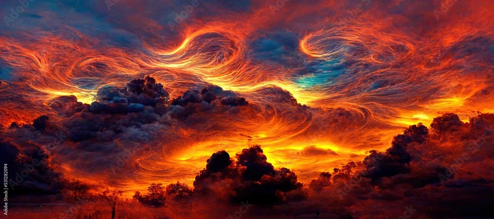 Surreal cloudscape of intense bright sunlight glow, dramatic fiery red ...