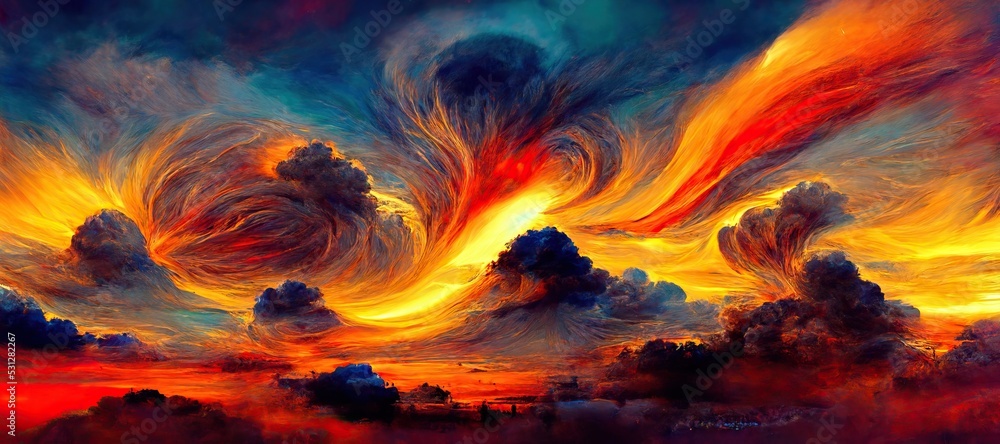 Surreal cloudscape of intense bright sunlight glow, dramatic fiery red ...