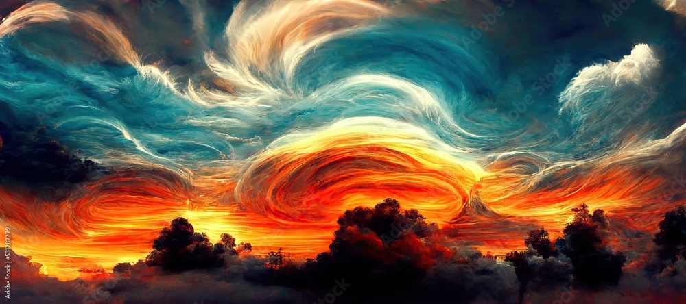 Surreal cloudscape of intense bright sunlight glow, dramatic fiery red ...