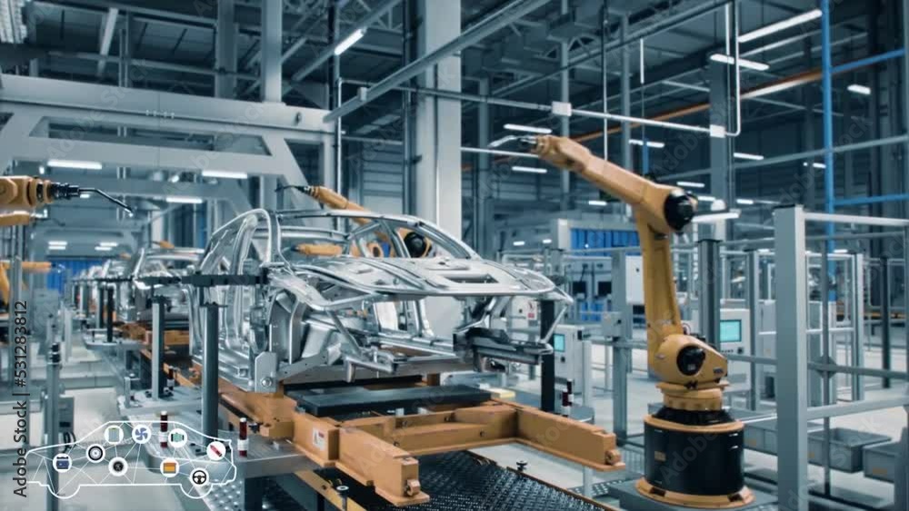 Car Factory 3D Concept: Automated Robot Arm Assembly Line Manufacturing ...