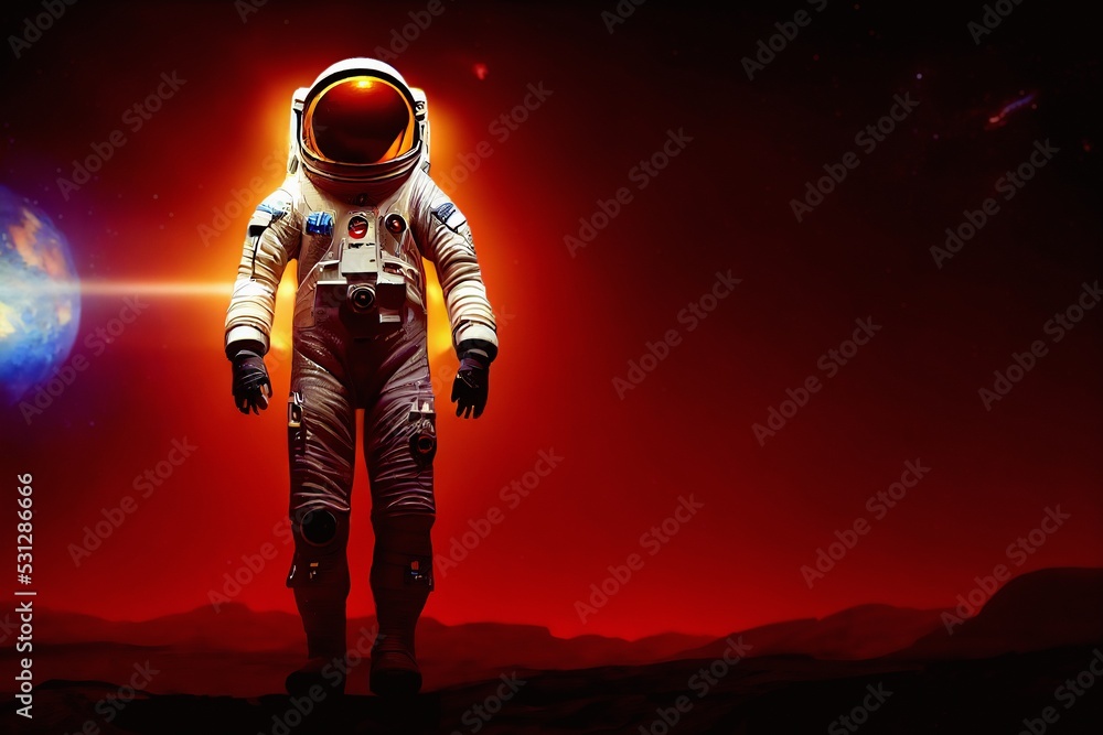 Astronaut doing space walk. Mars exploration. Front view of astronaut ...