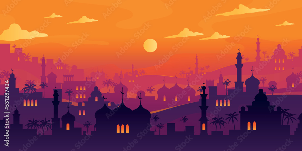 Arabian cityscape. Sunset town scenery. Mosque and house silhouettes ...