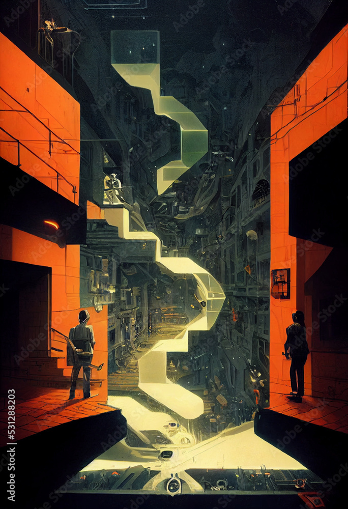 Escher inspired futuristic city illustration Stock Illustration | Adobe ...