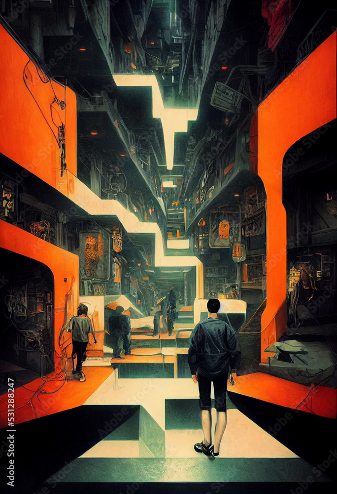 Escher inspired futuristic city illustration Stock Illustration | Adobe ...