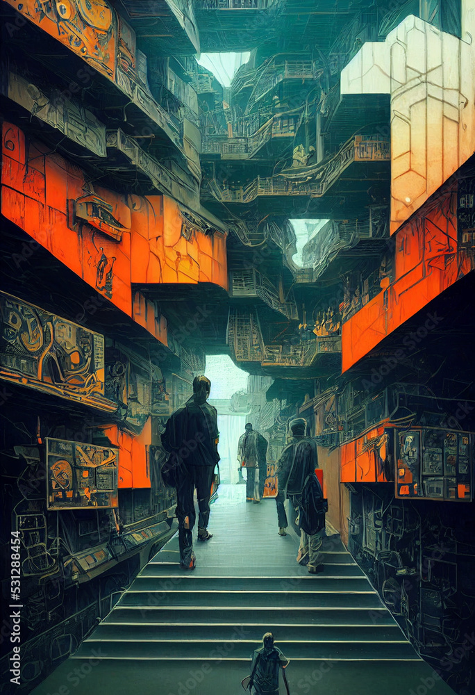 Escher inspired futuristic city illustration Stock Illustration | Adobe ...