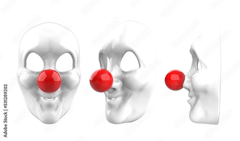 Isolated 3d render illustration of plastic clown mask with red nose on ...