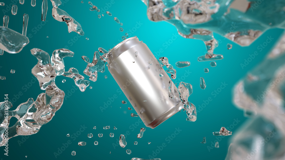 Water splash around metallic can without logo on blue background.Fresh ...