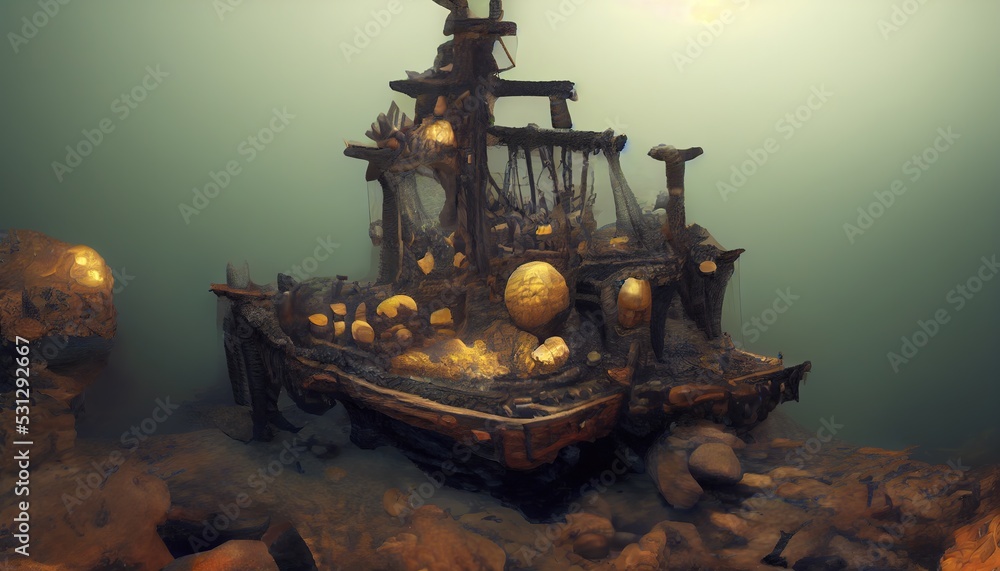 An illustration of a sunken pirate ship, treasure, ruined vessel. Stock ...