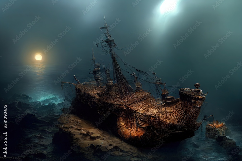 An illustration of a sunken pirate ship, treasure, ruined vessel. Stock ...