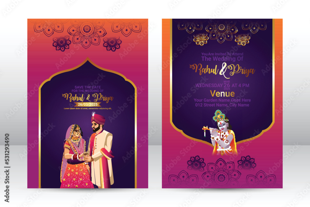 Indian wedding invitation card, with vector illustration of indian ...