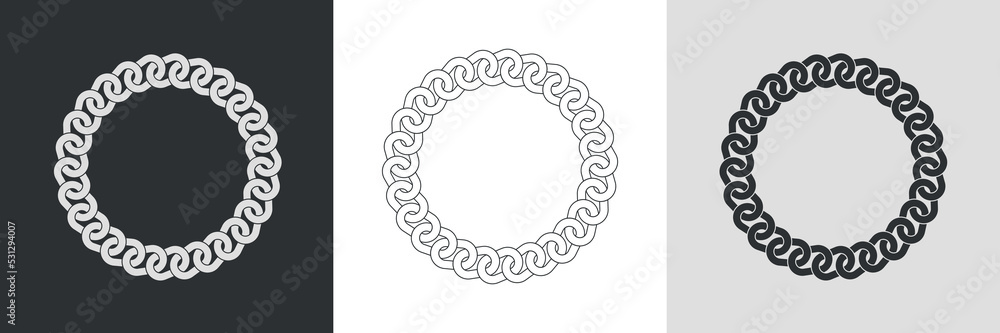 Chain round frames. Set of circle border chains silhouette, line art ...