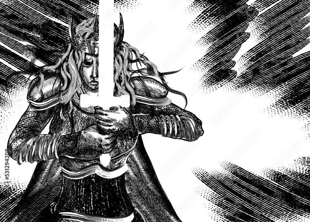 ภาพประกอบสต็อก Engraved artwork illustration of female princess in ...