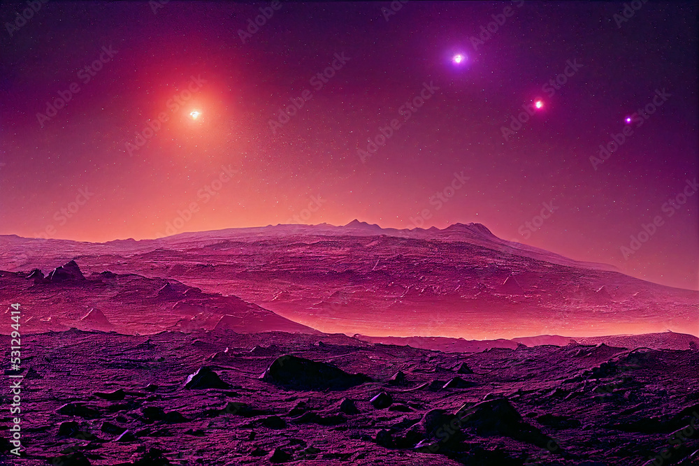 Mars purple space landscape with large planets on purple starry sky ...