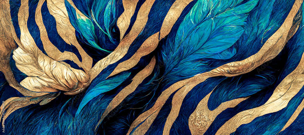 Spectacular abstract design with the teal and gold animal fur churning ...