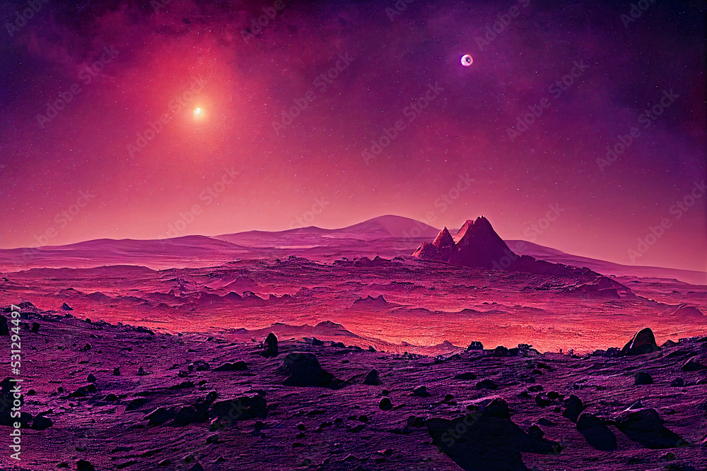 Mars purple space landscape with large planets on purple starry sky ...