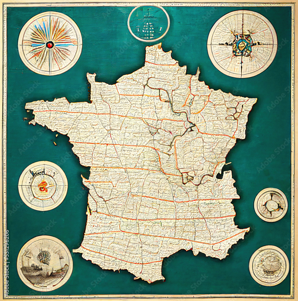 Old map of France on green background, engraving of the old time, for ...