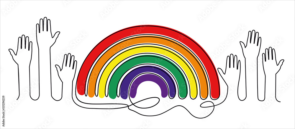 Continuous one line drawing of hands and rainbow with LGBT flag color ...